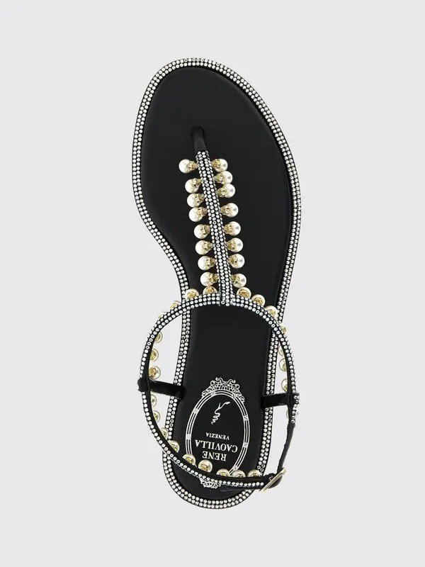 Rene Caovilla Diana Low-heeled Leather Thong Sandals With Pearls And Crystals