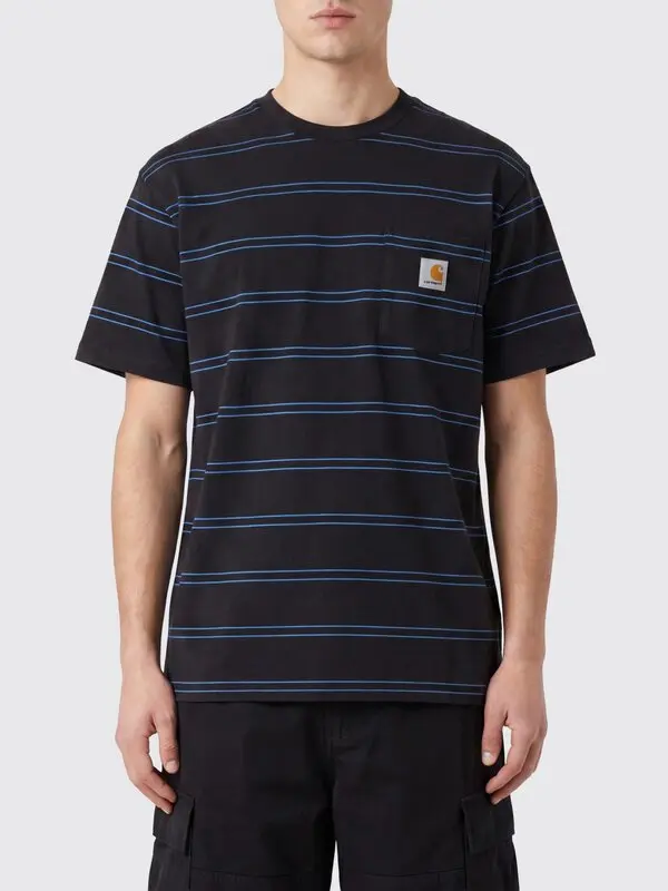Carhartt Work In Progress Striped Cotton T-shirt With Chest Pocket And Logo Patch - Graphite
