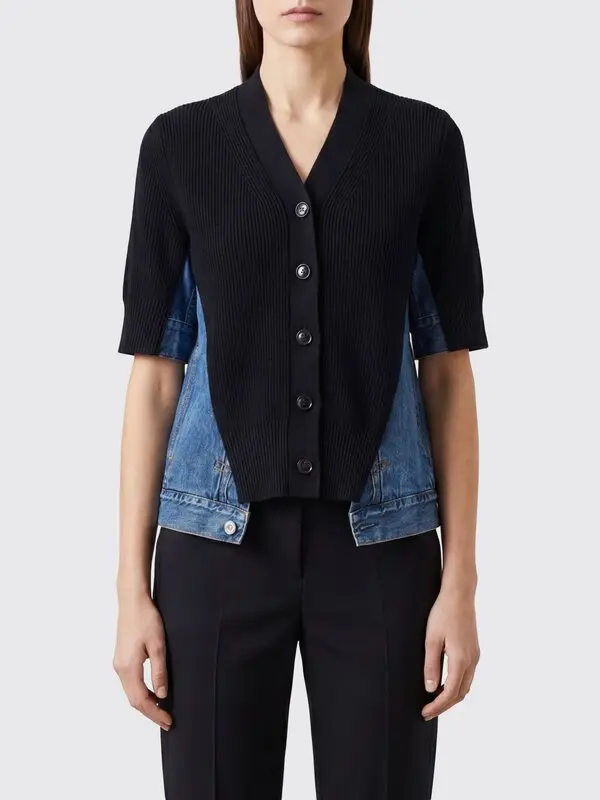 Sacai Bicolor Abstract Pattern Cotton Denim Cardigan - Navy