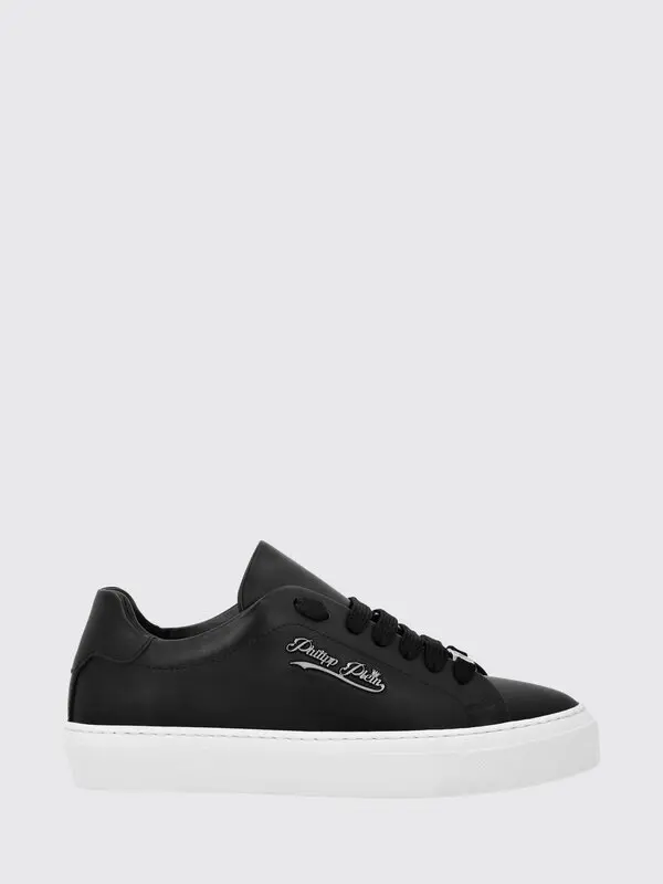 Philipp Plein Low Top Smooth Leather Sneakers With Applied Metal Logo - Black
