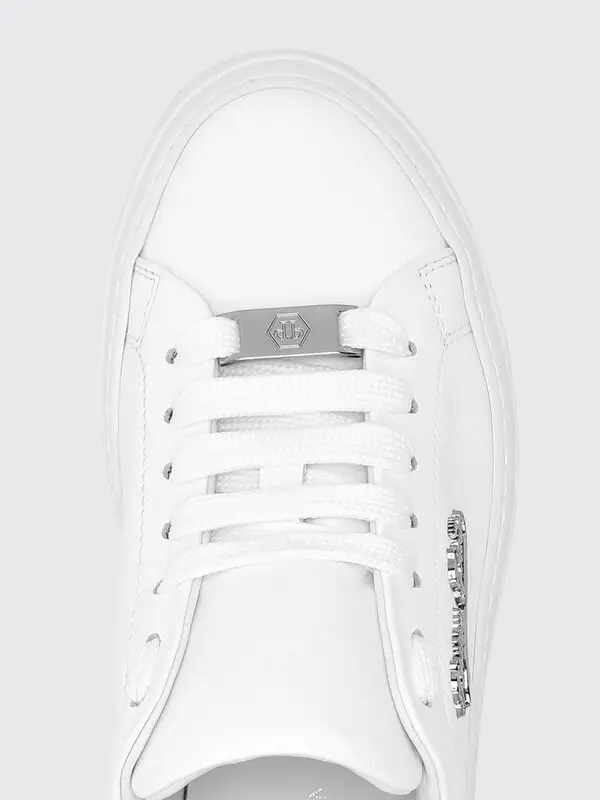 Philipp Plein Low Top Smooth Leather Sneakers With Applied Metal Logo - White