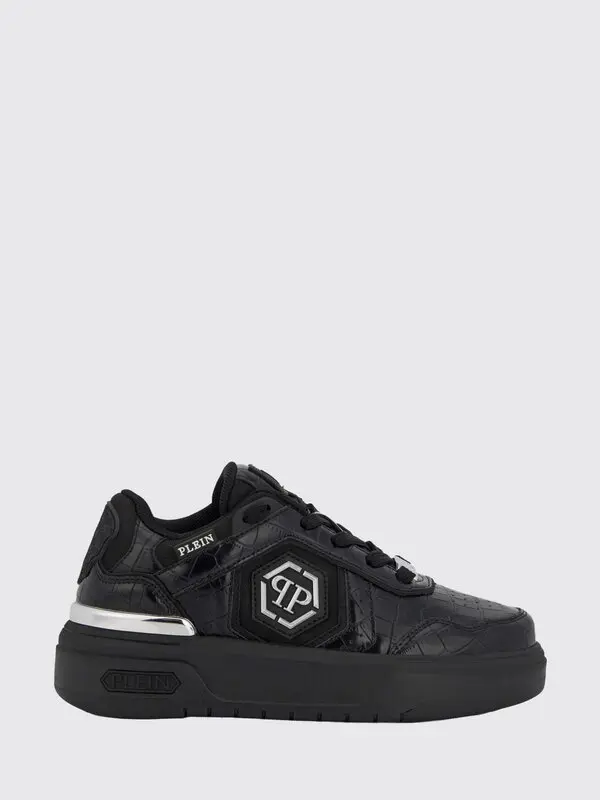 Philipp Plein Sk8r Low-top Sneakers In Leather And Mesh With Croc Print And Hexagon Logo - Black