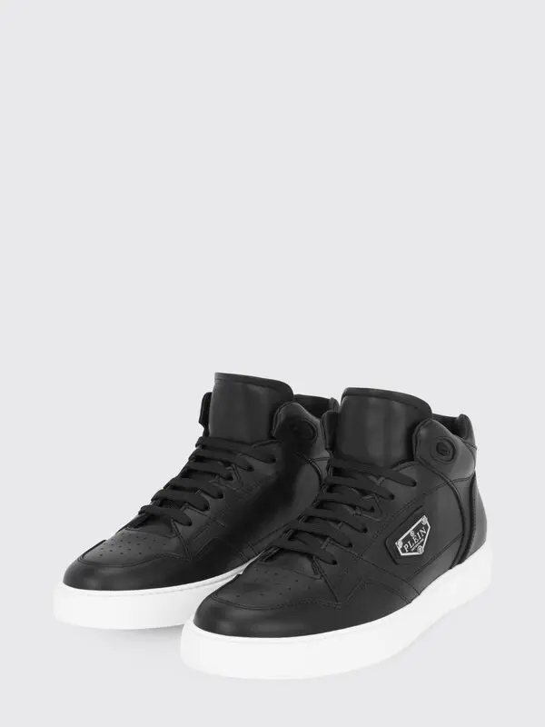 Philipp Plein High-top Lace-up Sneakers In Smooth Leather With Perforated Toe - Black