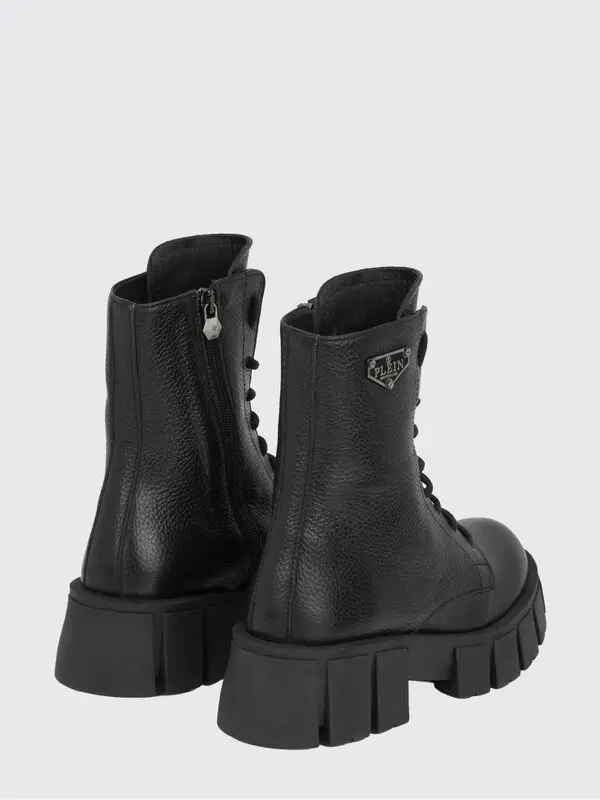 Philipp Plein Lace-up Combat Boots In Grained Leather With Lug Sole And Heel