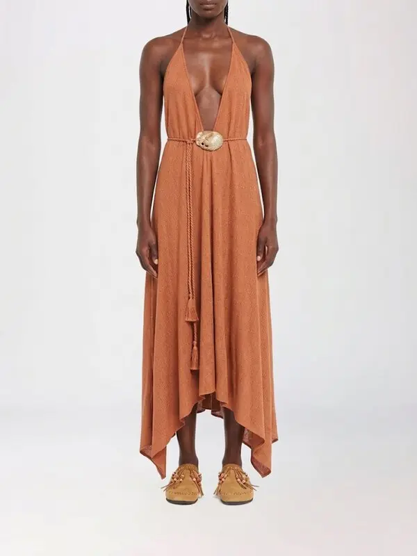 Alanui Mermaid Inside Linen Midi Dress With Halter Neck And Asymmetric Hem - Brick Red