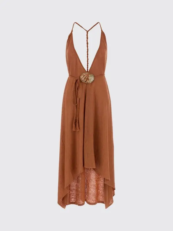 Alanui Linen Midi Dress With Halter Neck And Asymmetric Hem - Brick Red