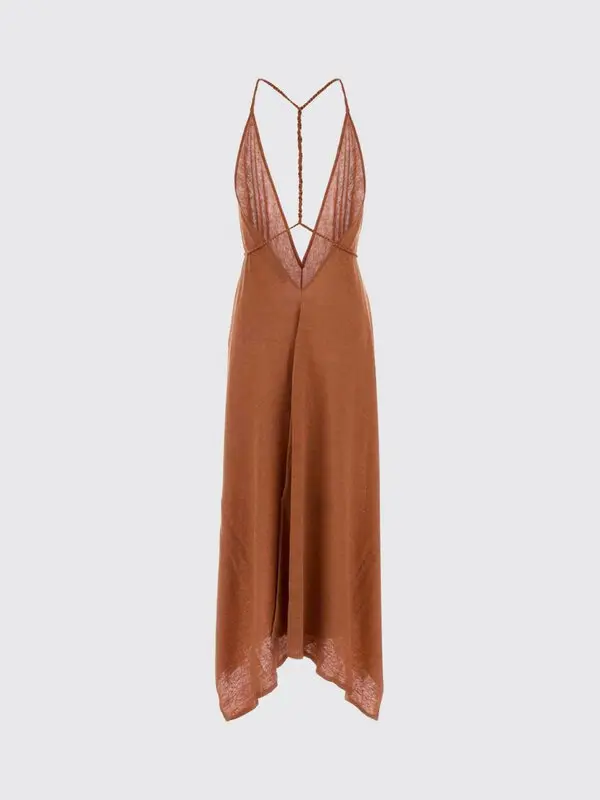 Alanui Linen Midi Dress With Halter Neck And Asymmetric Hem - Brick Red