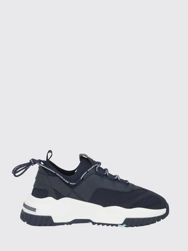 Philipp Plein Crochet Knit And Leather Low-top Sneakers With Metallic Hexagon Logo - Blue