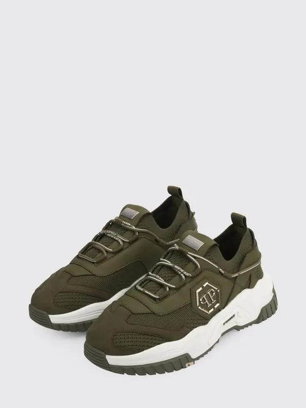 Philipp Plein Low-top Sneakers In Crochet Knit And Leather With Metallic Hexagon Logo - Green