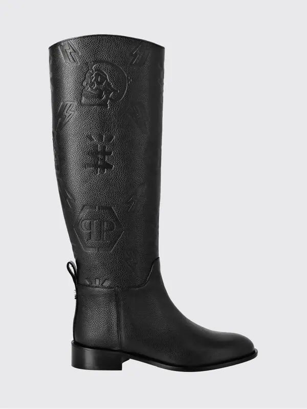 Philipp Plein Knee-high Boots In Grained Leather With Embossed Hexagon Logo