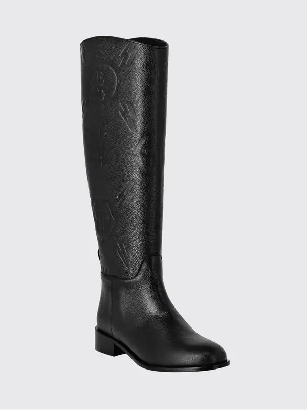 Philipp Plein Knee-high Boots In Grained Leather With Embossed Hexagon Logo