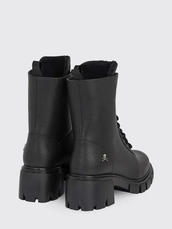 Philipp Plein Lace-up Combat Boots In Grained Leather With Lug Sole