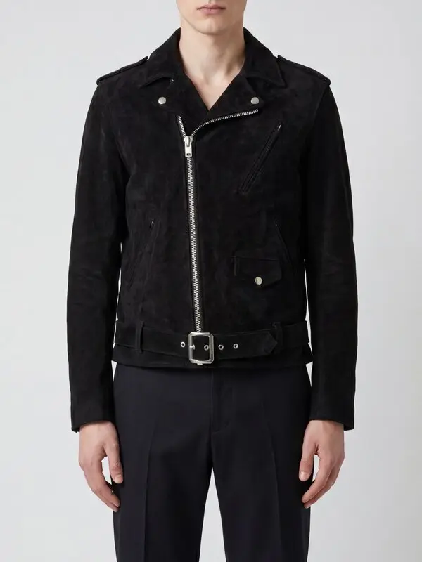 Y’s Suede Biker Jacket With Biker Collar, Epaulettes, And Adjustable Belt - Black