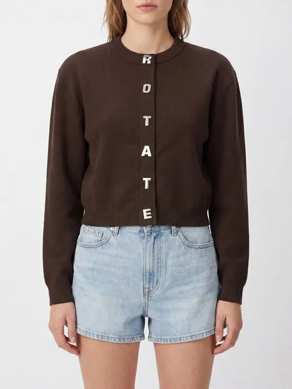 ROTATE BY BIRGER CHRISTENSEN Crewneck Cardigan With Logo Lettering In Cotton And Cashmere - Brown