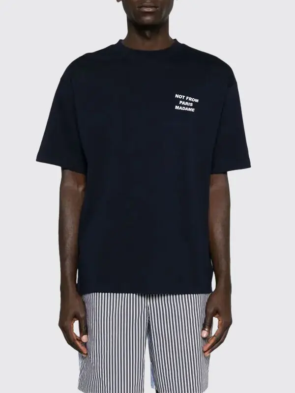 Drole De Monsieur Crewneck Cotton T-shirt With Logo And Slogan Print - Blue