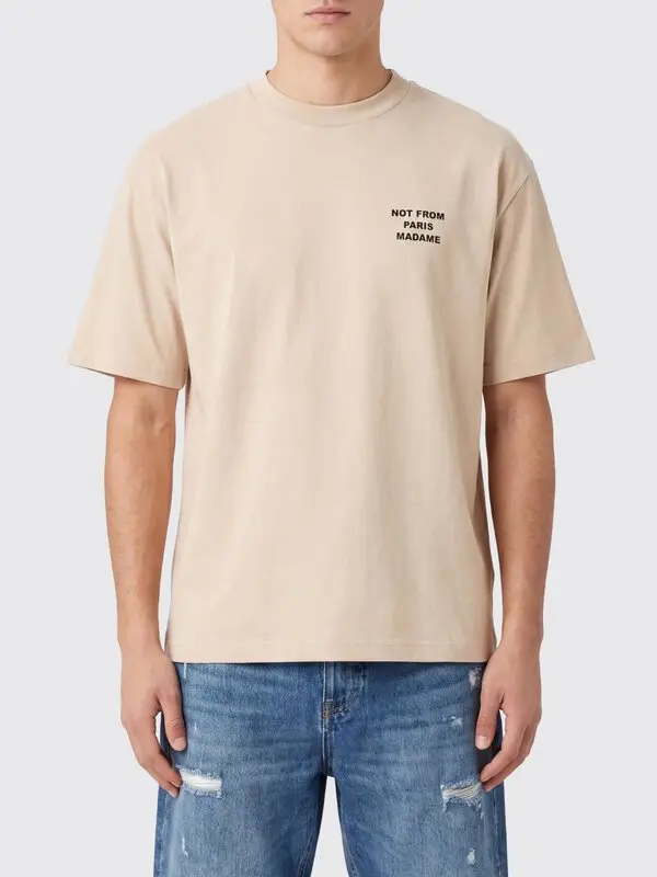 Drole De Monsieur Crewneck Cotton T-shirt With Logo And Slogan Print - Mastic