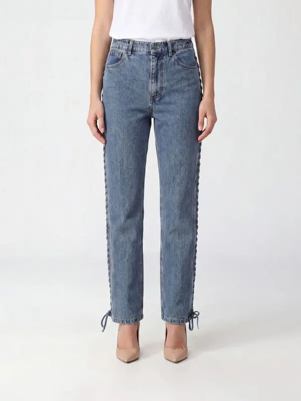 ROTATE BY BIRGER CHRISTENSEN High-waisted Straight Jeans In Denim With Woven Straps - Blue