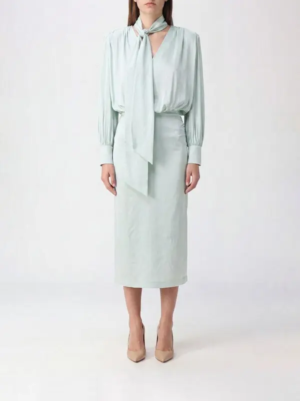 ROTATE BY BIRGER CHRISTENSEN Recycled Satin Midi Sheath Dress With Scarf Neck - Blue