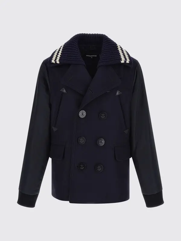 Dsquared2 Double-breasted Wool Blend Peacoat With Ribbed Lapel Collar - Blue