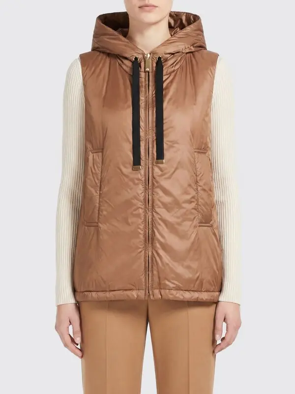 Max Mara Padded Technical Fabric Vest With Drawstring Hood - Beige