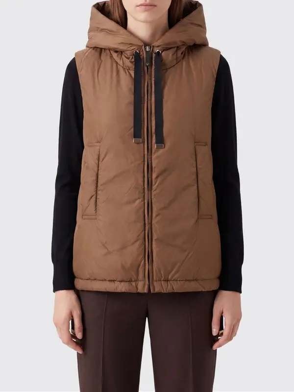 Max Mara Padded Technical Fabric Vest With Drawstring Hood - Brown