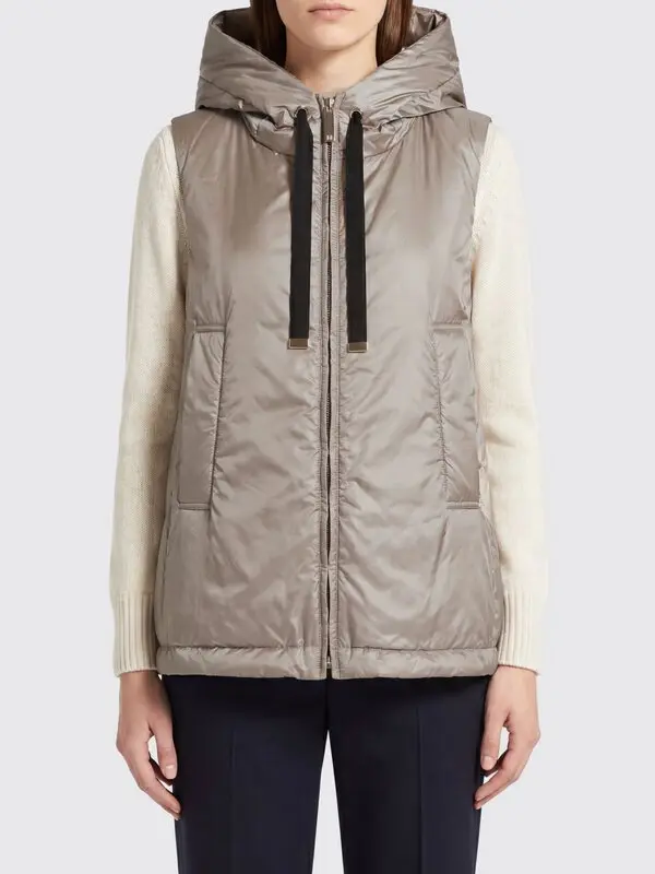 Max Mara Padded Technical Fabric Vest With Drawstring Hood - Sand