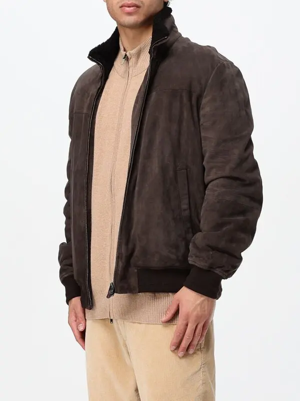 Canali Suede Leather Bomber Jacket With Fur Collar And Elasticated Hem