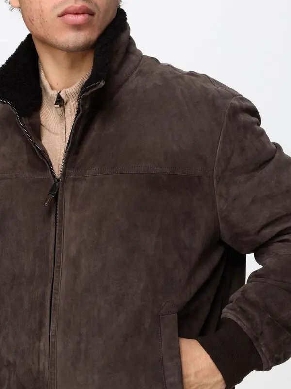 Canali Suede Leather Bomber Jacket With Fur Collar And Elasticated Hem