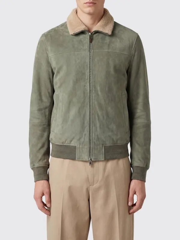 Canali Suede Leather Bomber Jacket With Fur Collar And Elasticated Hem - Olive