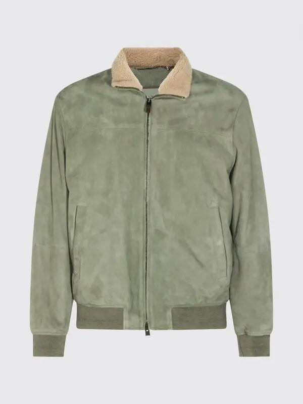Canali Suede Leather Bomber Jacket With Fur Collar And Elasticated Hem