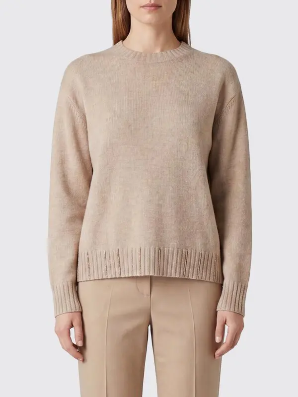 Fabiana Filippi Virgin Wool, Silk, And Cashmere Crewneck Jumper With Monili - Coffee