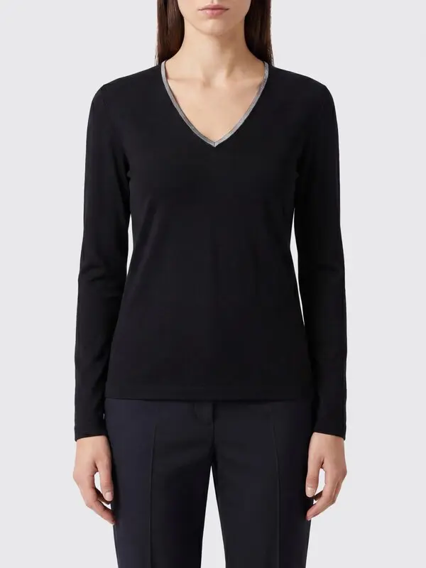 Fabiana Filippi Long-sleeved V-neck T-shirt In Cotton With Contrast Trims - Blue