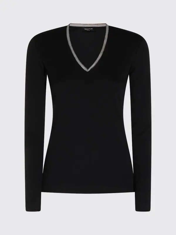 Fabiana Filippi Long-sleeved V-neck T-shirt In Cotton With Contrast Trims - Blue