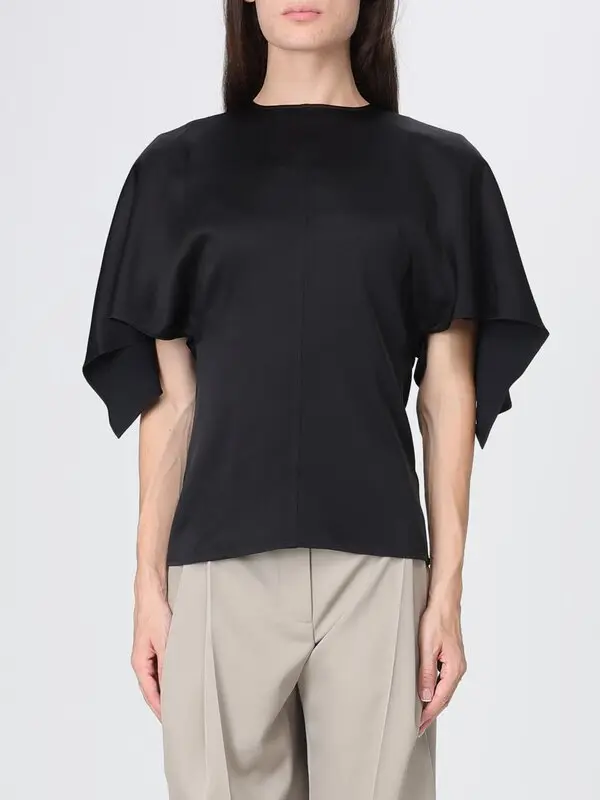 Stella McCartney Crewneck Blouse In Satin With Short Sleeves And Tie Fastening - Black