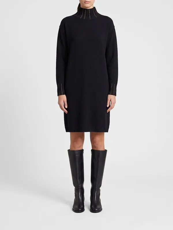Fabiana Filippi Turtleneck Knit Mini Dress In Wool, Silk, And Cashmere - Black