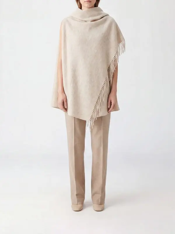 Fabiana Filippi High-neck Wool Blend Cape With Fringe - Beige