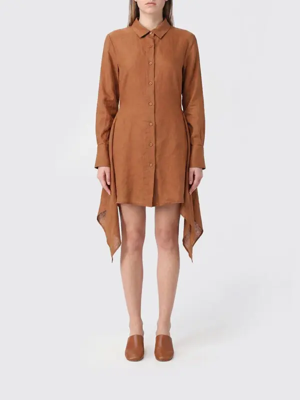 MC2 SAINT BARTH Asymmetric Linen Mini Shirt Dress - Brown