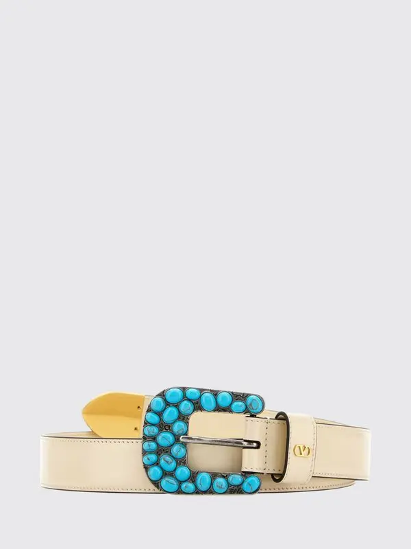 Valentino Garavani Laminated Leather Belt With Vlogo Signature Jewelled Buckle - Butter