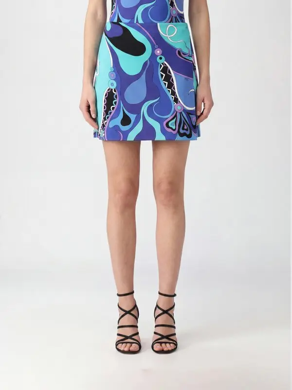 Emilio Pucci Abstract Print Silk Pencil Mini Skirt With Contrast Logo - Blue