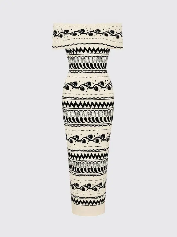 Alberta Ferretti Off-the-shoulder Midi Dress With Ethnic Pattern
