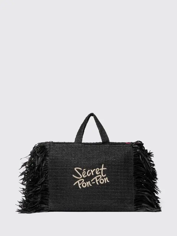 SECRET PON-PON Raffia Tote Bag With Fringe Detail - Black