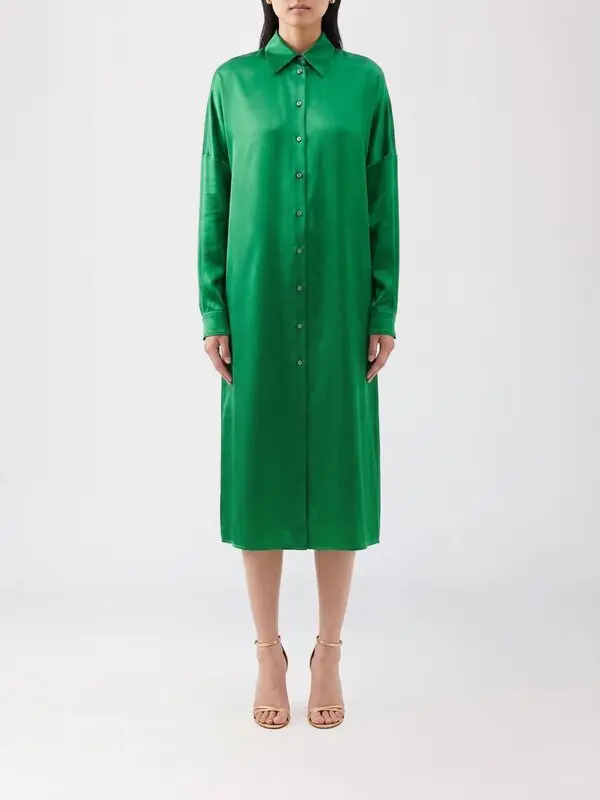 Dries Van Noten Long Sleeve Silk Midi Shirt Dress - Green