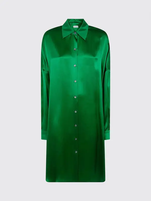 Dries Van Noten Long Sleeve Silk Midi Shirt Dress - Green