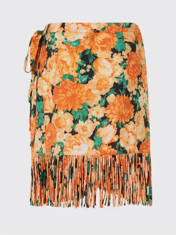 Pinko Floral Embroidered Viscose Wrap Mini Skirt With Fringes