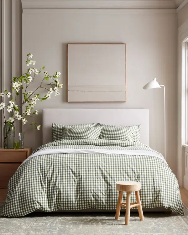 Quince Organic Crisp Percale Gingham Duvet Cover - Olive