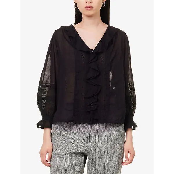 ME+EM Ruffle-trim V-neck Cotton-voile Blouse