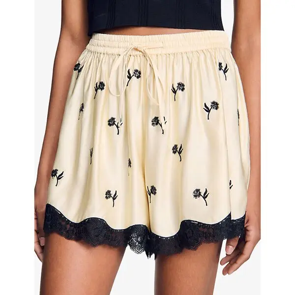 Sandro Floral-embroidered Drawstring-waist Woven Shorts