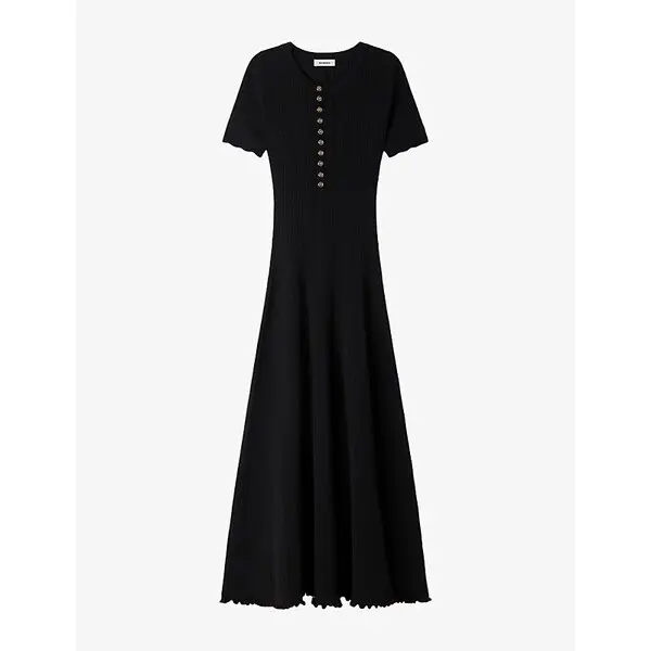 Sandro Round-neck Ribbed-knit Stretch-woven Maxi Dress