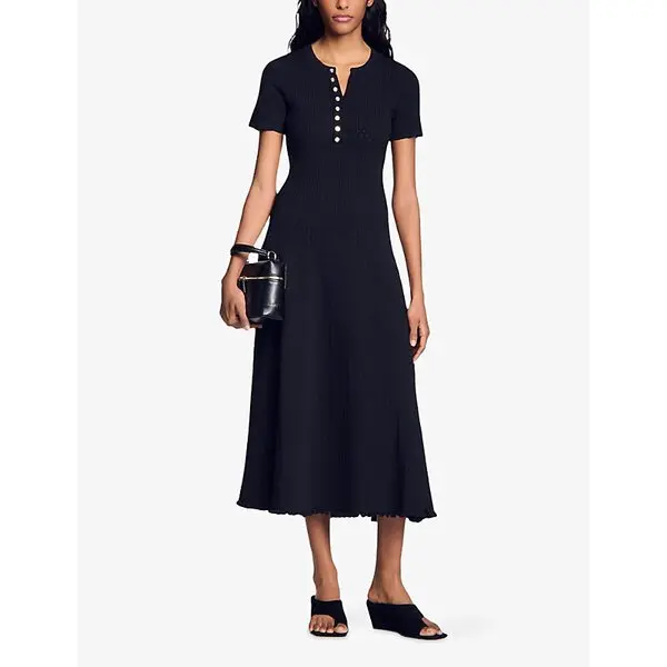 Sandro Round-neck Ribbed-knit Stretch-woven Maxi Dress