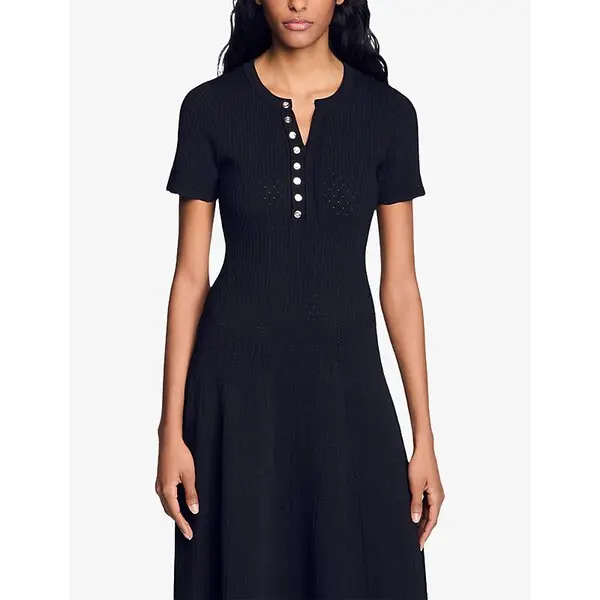 Sandro Round-neck Ribbed-knit Stretch-woven Maxi Dress